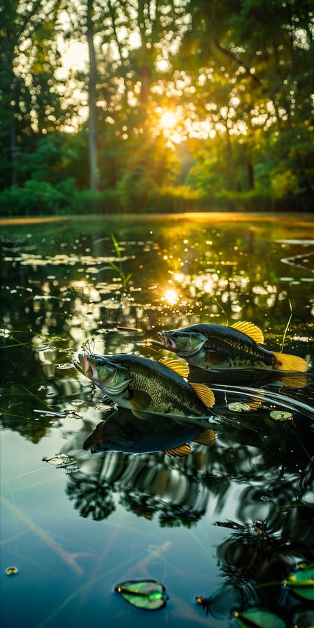 Two Fish Swimming in a Lake at Sunset Stock Image - Image of pole ...