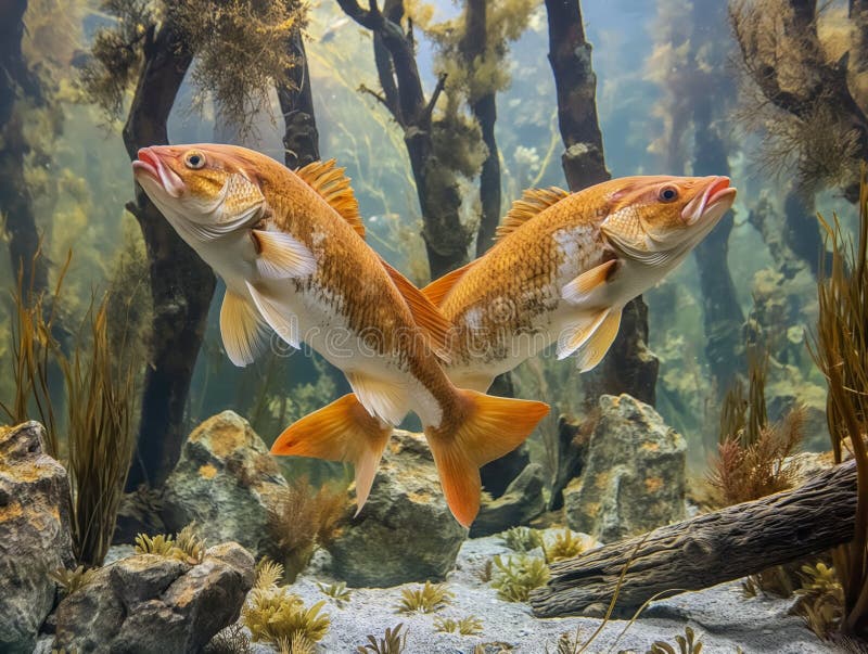 Two Fish Swimming in a Tank with a Rock in the Background Stock Photo ...