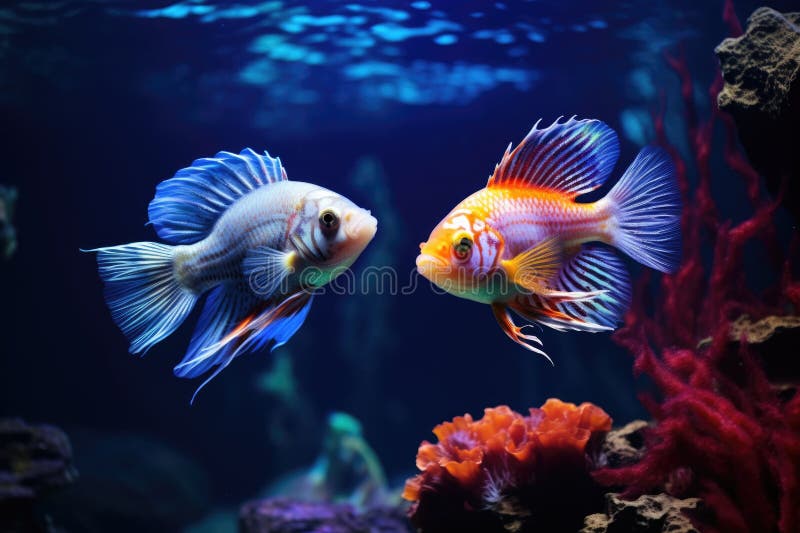Two Fish Swimming Together in a Brightly Lit Aquarium Stock Photo ...