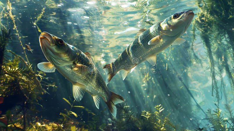Two Fish Swimming Underwater in Sunlit River Stock Illustration ...