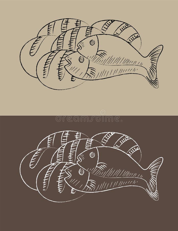 Two fish and three bread stock vector. Illustration of object - 49809603