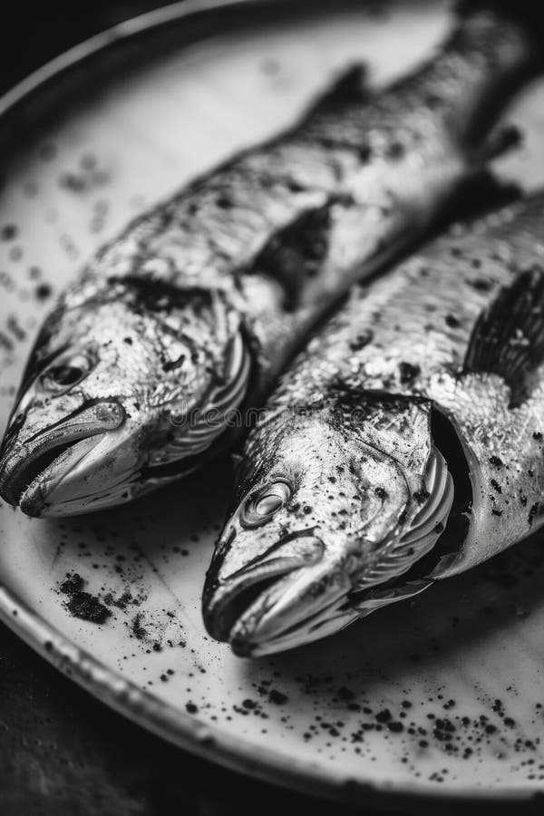 Two Fish are on a White Plate with a Sprinkle of Salt Stock Image ...