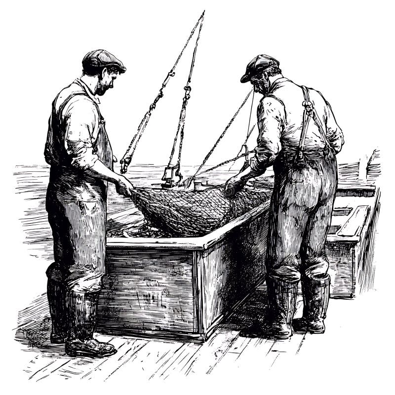 Two Fishermen Sorting Fish in a Boat Stock Illustration - Illustration ...