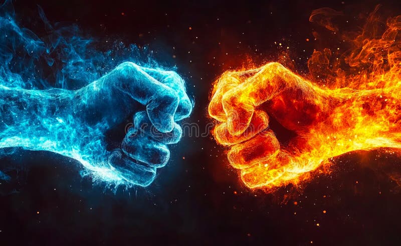 Two Fists in the Air with Fire and Blue Flames Stock Image - Image of ...