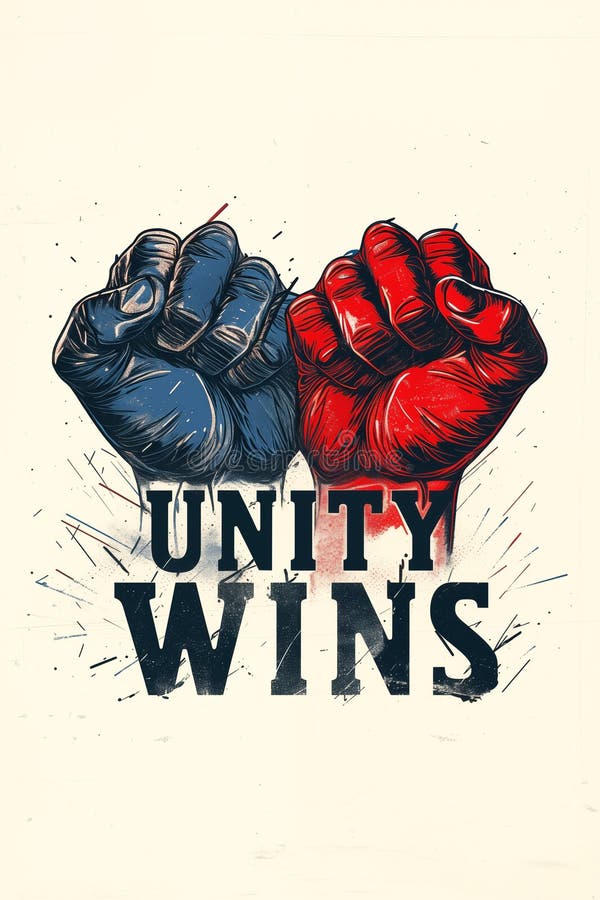 Two Fists with Unity Wins Text, One Blue and One Red, Symbolizing Unity ...