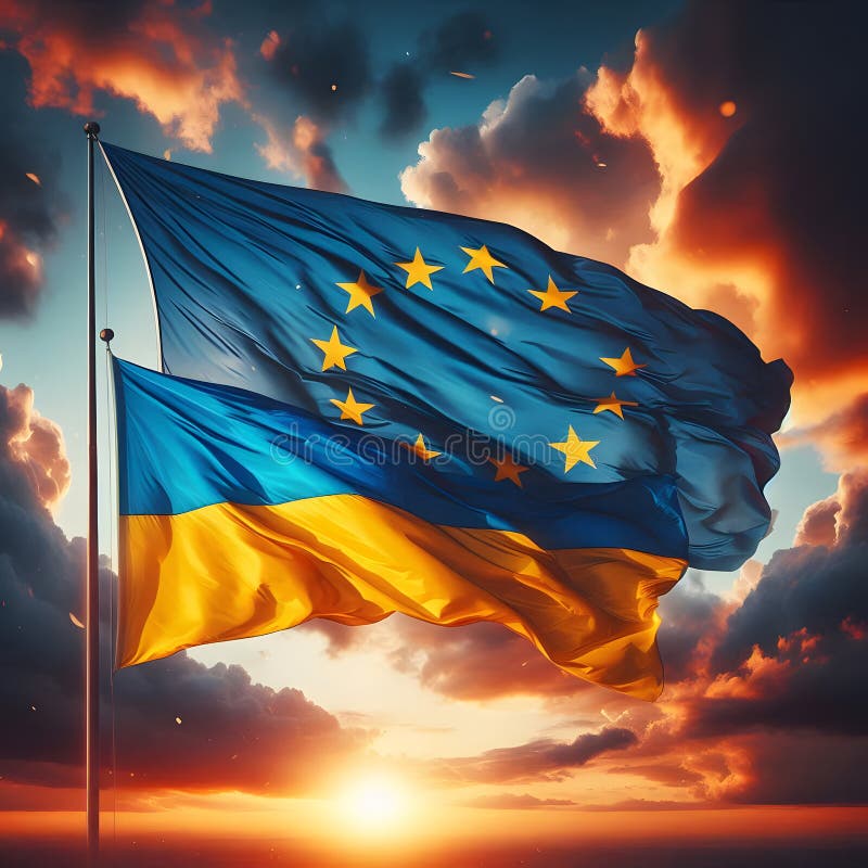 Two Flags, European Union and Ukraine, Wave Gracefully Against a ...