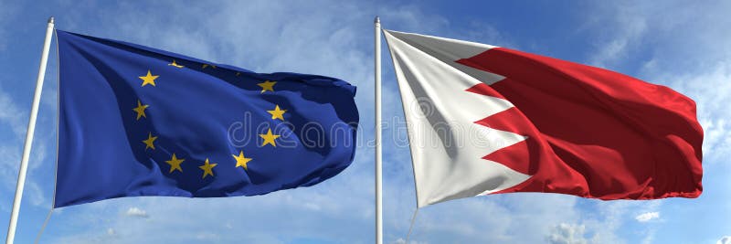 Flags of the European Union and Bahrain on Flagpoles. 3d Rendering ...