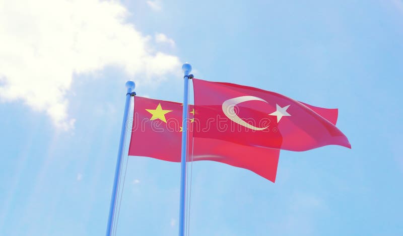 Two Flags Waving Against Blue Sky Stock Illustration - Illustration of ...