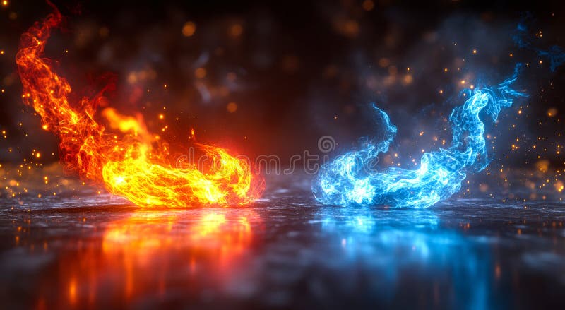 Two Flames, One Red and One Blue, are Reflected in the Water Stock ...