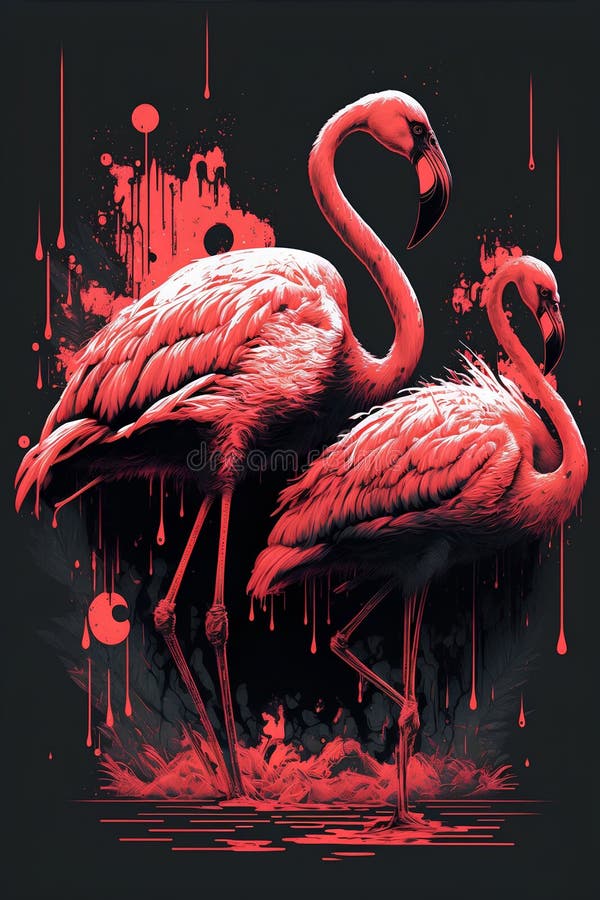 Two Flamingos on Grunge Background. Hand Drawn Vector Illustration ...