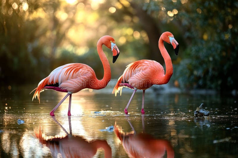 Two Flamingos Walking in Water at Sunset Stock Image - Image of ...