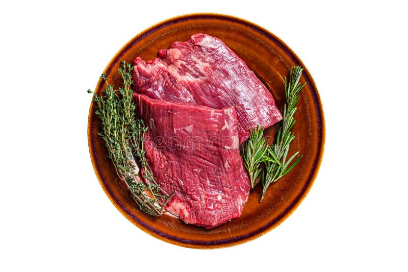 Two Flap or Flank Raw Beef Steaks on a Rustic Plate with Herbs ...