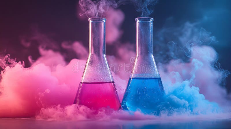Two Flasks Filled with Blue and Pink Liquid in a Laboratory Stock Image ...