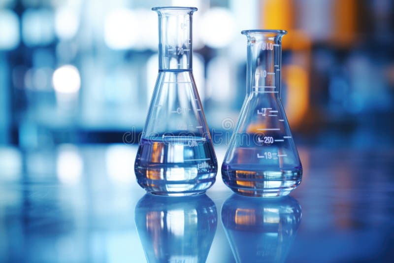 Two Flasks Filled with Liquid Sitting on a Table, Laboratory Glassware ...