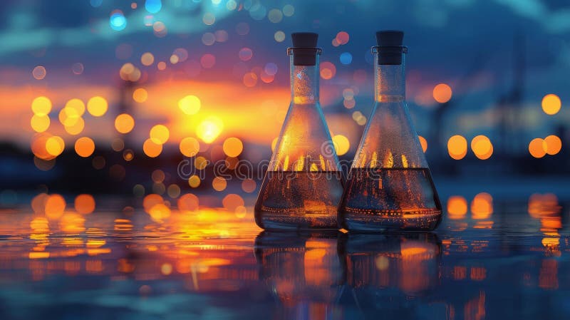 Two Flasks Filled with Liquid on Table Stock Image - Image of ...