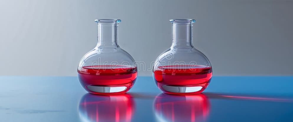 Two Flasks with Red Liquid on Blue Table. Stock Photo - Image of liquid ...