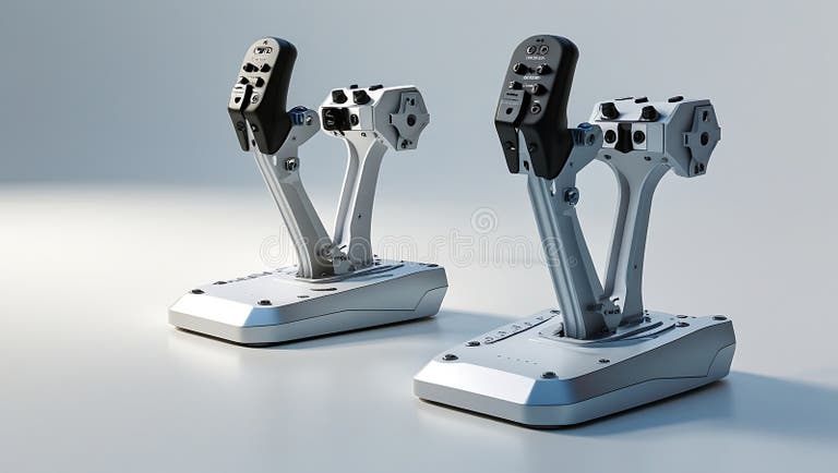Two Silver and Black Flight Control Yokes on a White Surface with a ...
