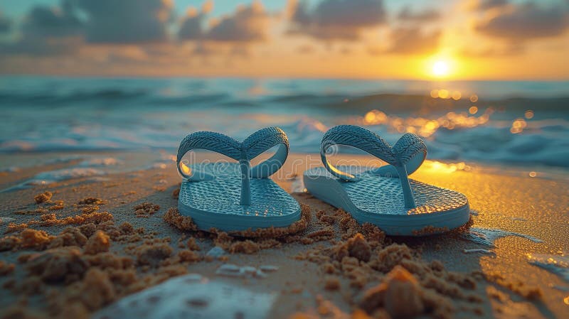 Two Flip-flops on the Beach at Sunset Against the Backdrop of the Sea ...