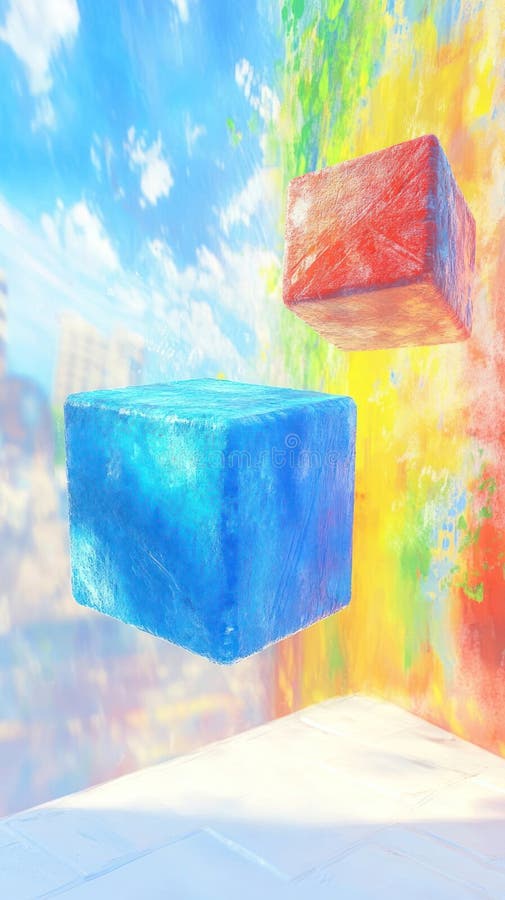 Two Floating Blocks, One Blue and One Red, Against a Colorful, Abstract ...