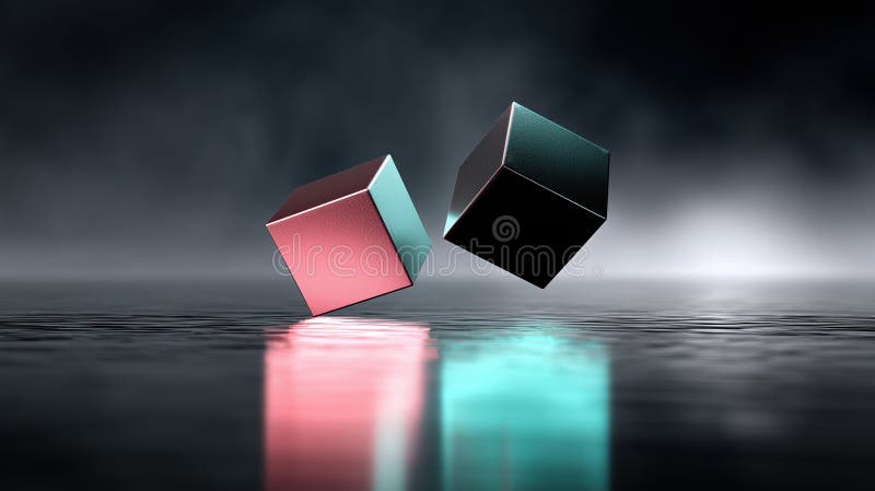 Floating Cubes with Neon Reflections on Water. Abstract Geometric ...
