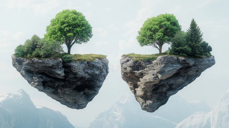 Two Floating Islands with Lush Green Trees and Gray Rocks Above ...