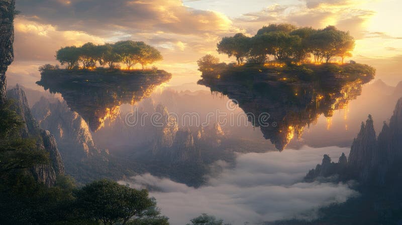 Two Floating Islands with Trees Above the Clouds in a Fantasy Landscape ...