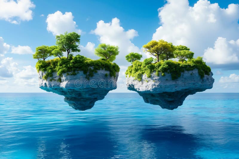 Two Floating Islands with Trees on Them in the Ocean Stock Illustration ...