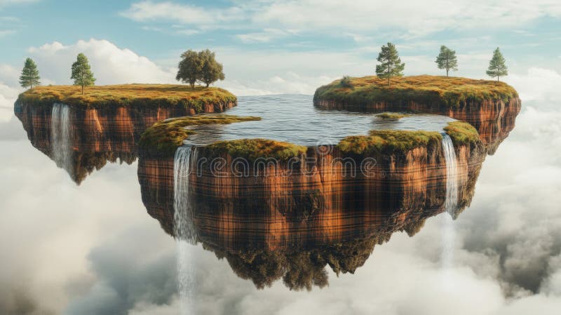 Two Floating Islands with Waterfalls and a Small Lake Stock ...
