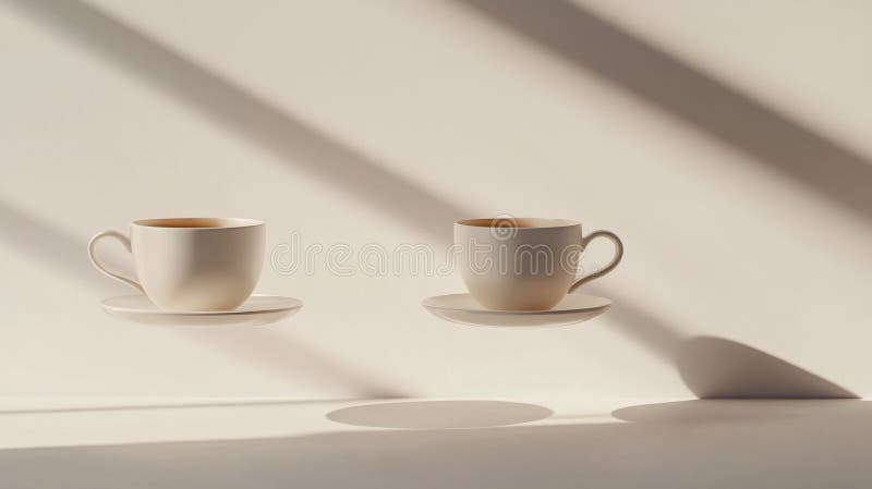 Two Floating Tea Cups with Shadows on Beige Background, Minimalist Art ...