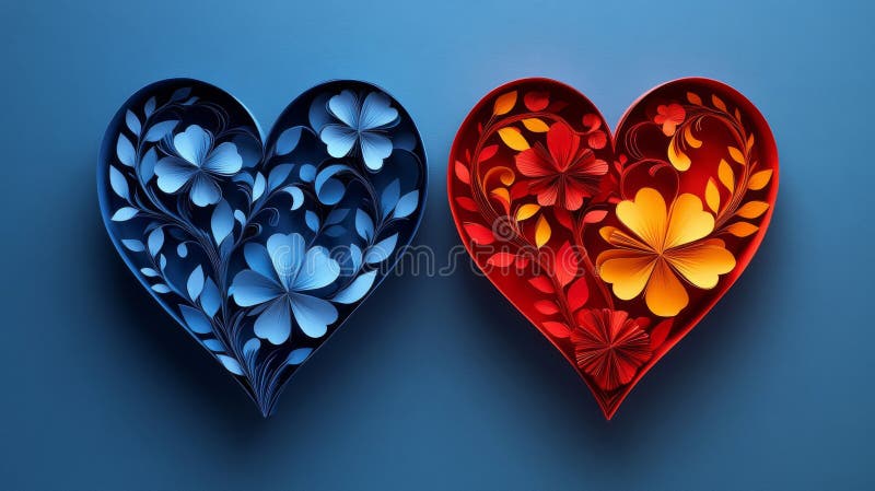 Two Floral Hearts Paper Cutout Design on Dark Blue Background Stock ...