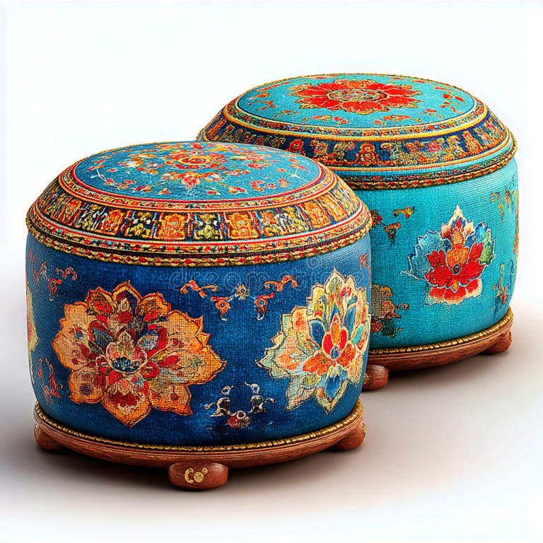 Two Floral Patterned Ottoman Stools on a White Backdrop Stock ...