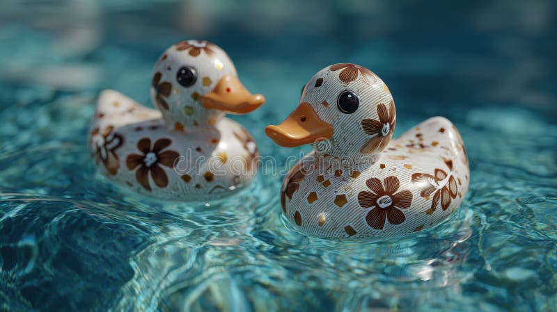 Two Floral-patterned Rubber Ducks Float Playfully in a Clear Blue Pool ...