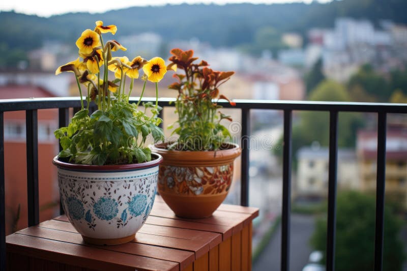 Two Flower Pots Next To Each Other on a Balcony Stock Image - Image of ...