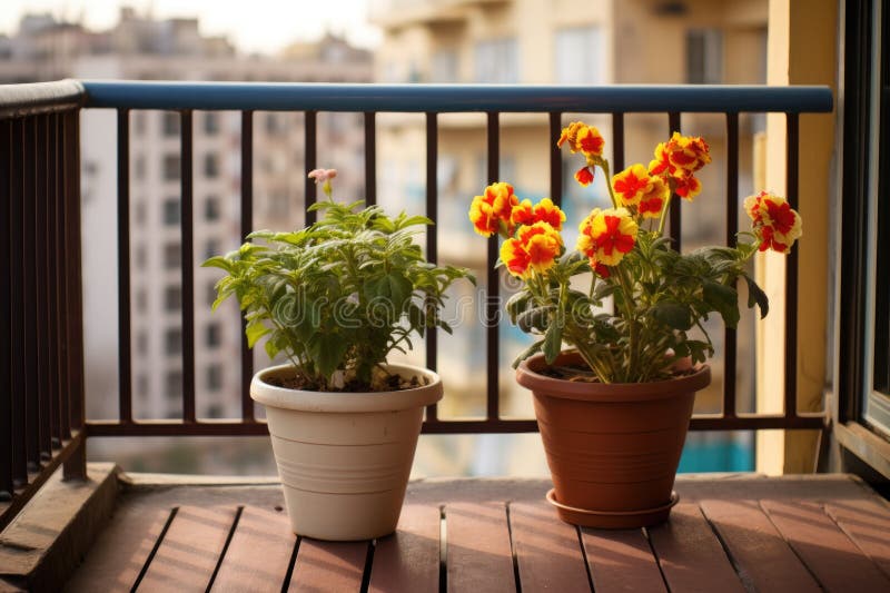 Two Flower Pots Next To Each Other on a Balcony Stock Photo - Image of ...