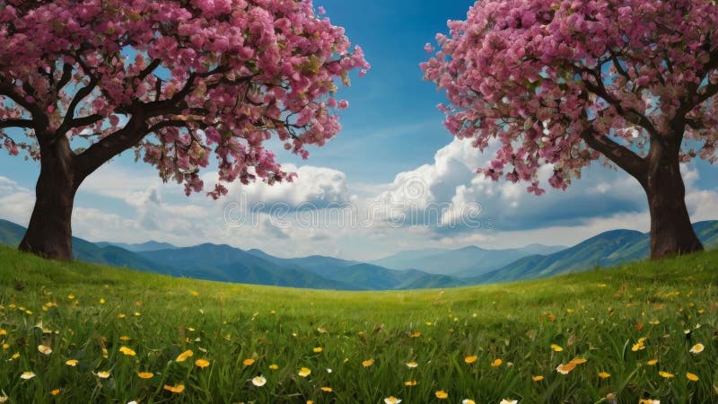 Two Flowering Trees Frame a View of Mountains in the Distance Stock ...