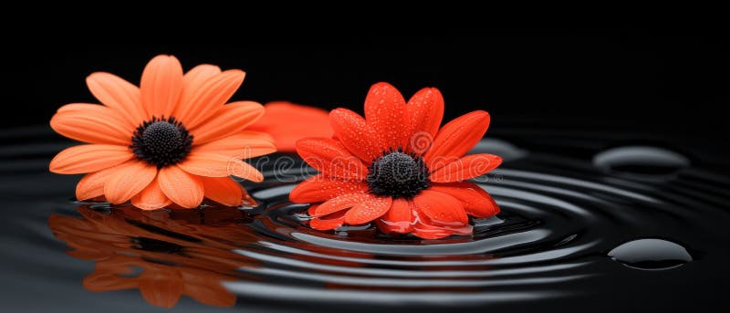 Two Flowers with Orange Petals and Black Centers are Floating on a ...