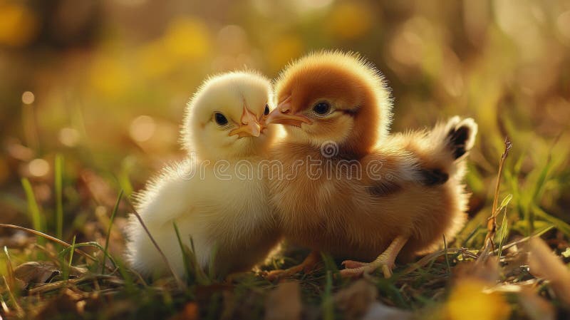 Two Fluffy Baby Chicks Huddling Together in a Sunny Grassy Field Stock ...