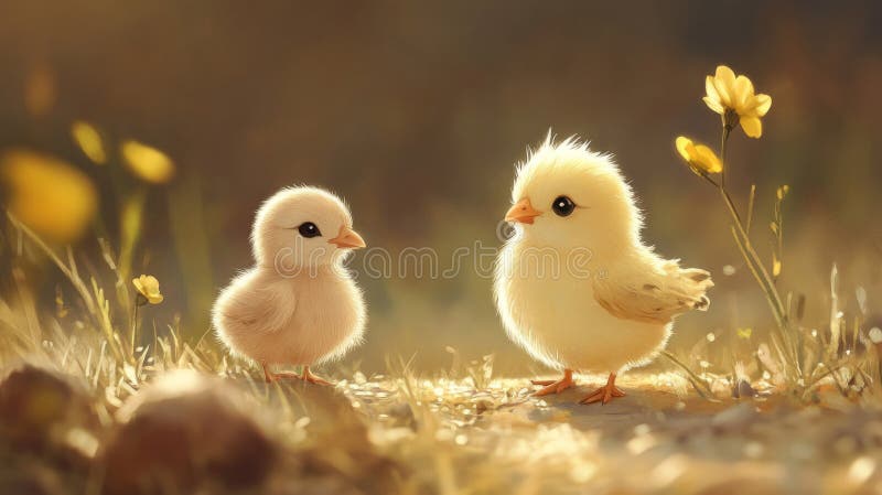 Two Fluffy Baby Chicks in a Sunny Field with Yellow Flowers Stock ...
