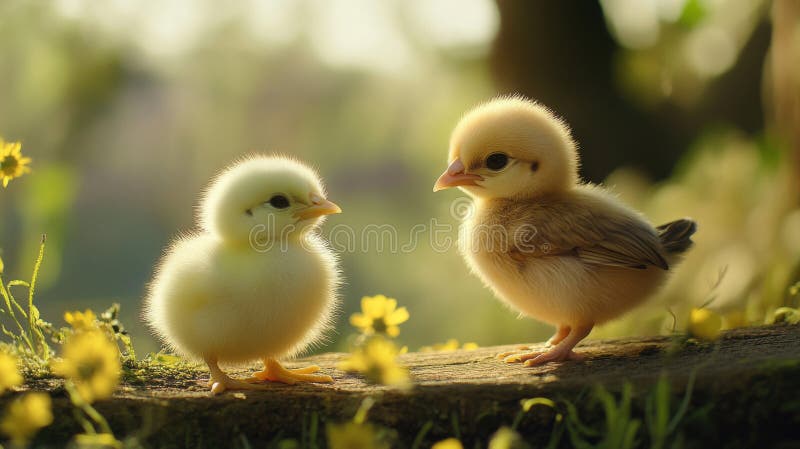 Two Fluffy Baby Chicks in a Sunny Garden Stock Illustration ...