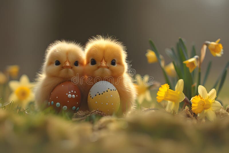 Spring Delight: Easter Chicks with Painted Eggs Amidst Daffodils for ...