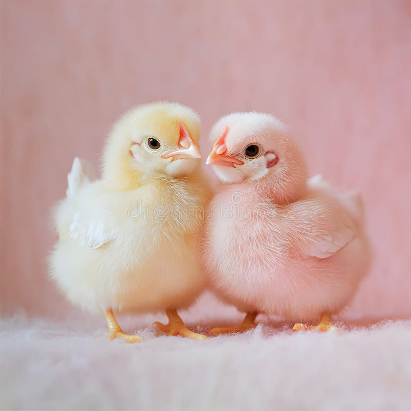 Two Fluffy Chicks are Positioned Against a Soft Pink Background. AI ...