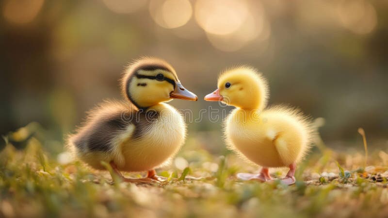 Two Fluffy Ducklings Facing Each Other in Warm Sunlight Stock ...
