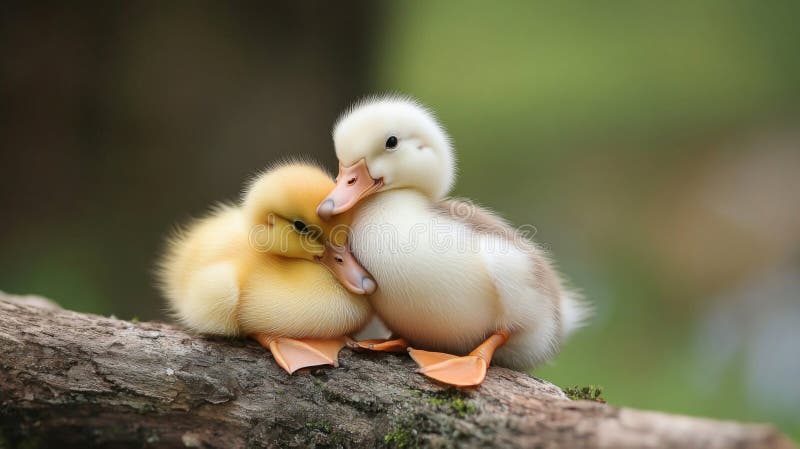 Two Fluffy Ducklings Huddle Together on a Branch Stock Illustration ...