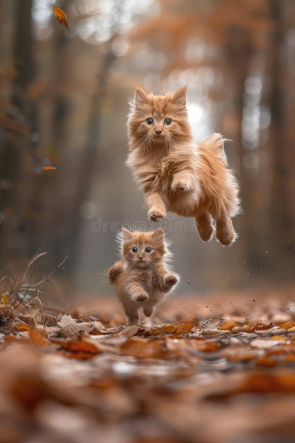 Two Fluffy Kittens Playing among Fallen Autumn Leaves. Stock Image ...
