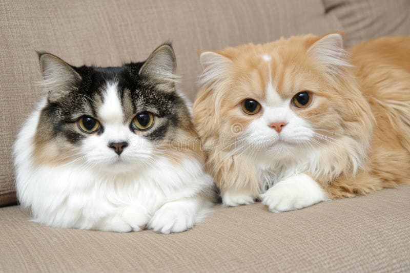 Two Fluffy Long-haired Cats Relaxing on a Couch Stock Image - Image of ...