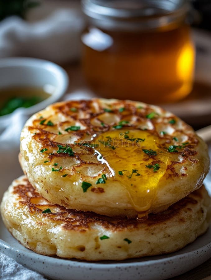 Two Fluffy Pancakes Topped with Honey and Herbs. Stock Photo - Image of ...