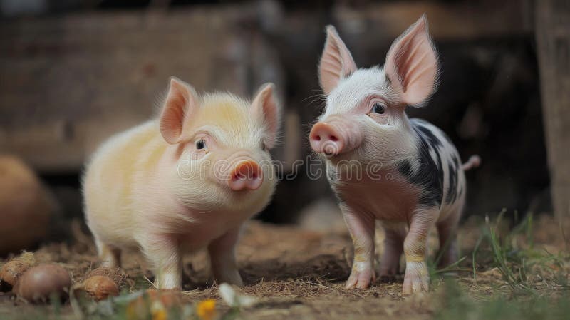 Two Fluffy Piglets in a Rustic Farm Setting Stock Illustration ...