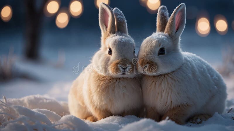 Adorable Fluffy Rabbits Huddled Together in Snowy Winter Wonderland ...