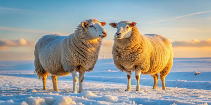 Two Fluffy Sheep Stand in Snowy Landscape at Sunset. Generative AI ...