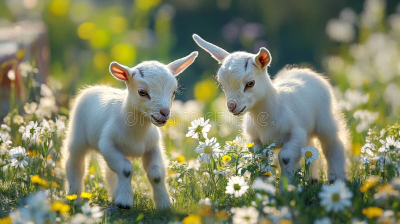 Two Fluffy White Lambs Playing in a Sunny Daisy Field Stock ...